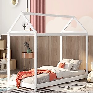 House Twin Bed Frame Wooden Platform Bed for Kids,No Box Spring Needed, White