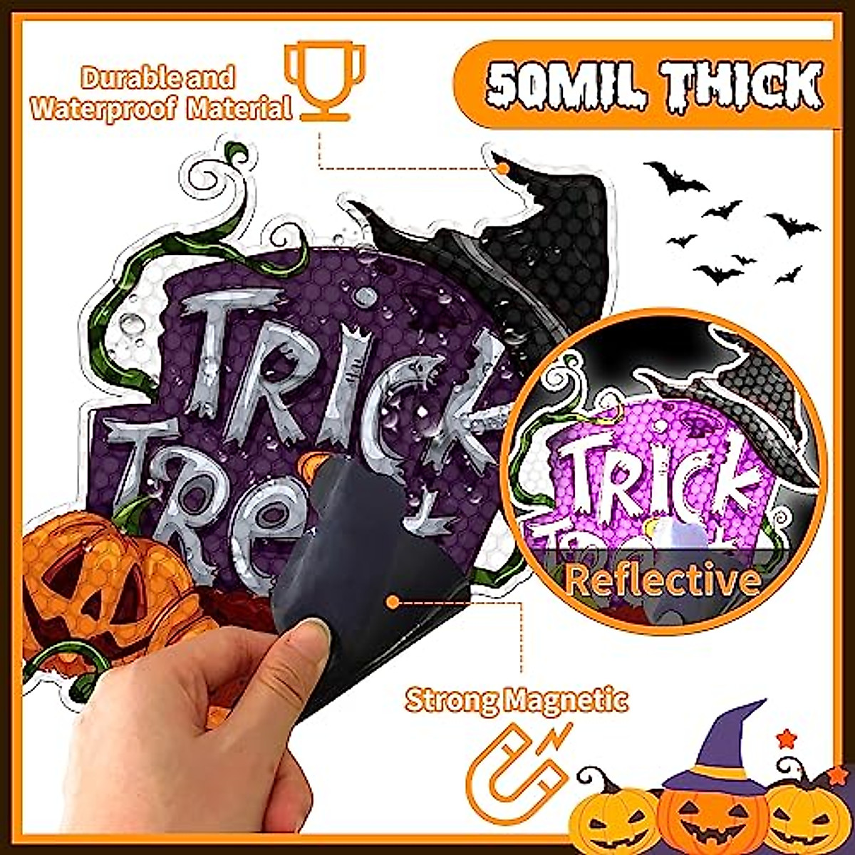 16 Pcs Halloween Magnets Reflective Car Magnets Decorations Halloween Refrigerator Magnetic Stickers Holiday Pumpkin Bat Magnet Stickers Accessories for Car Garage Door Fridge Locker Metal Surface