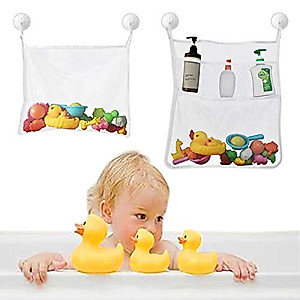 Bath Toy Organizer Mesh Storage Organizer Baby Shower Toys Bathtub Net Bag Kids Quick Dry Bathtub Mesh Net Bathtub Toy Holder 2 X Bathroom Storage Bag & 6 X Strong Suction Hooks (White)