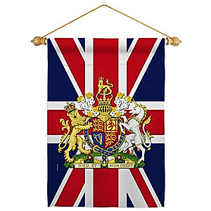 Queen Elizabeth II Flag Coat of Arms United Kingdom Garden Flag - Set Wood Dowel Sweet Life Sympathy Remembrance Bereavement Emotion Postive - House Banner Small Yard Gift Double-Sided 13 X 18.5