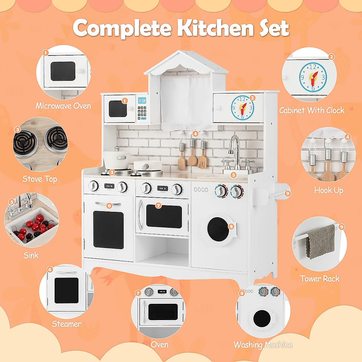 OLAKIDS Kids Kitchen Playset, Wooden Pretend Play Toys with Cookware Accessories, Removable Sink, Oven, Microwave, Washing Machine & Cabinets, Toy Kitchen Set for Kids with Realistic Design