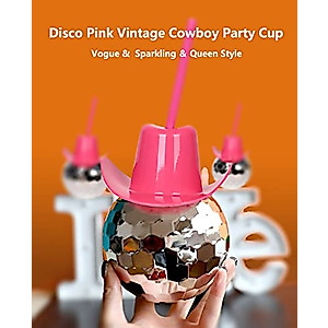 2 Pcs,Disco Ball Cups,Fashionable Pink Disco Ball Cowboy Hat,Disco Ball Cup with straw for Christmas Day,Halloween,Achelorette Party,New Year’s Eve,Birthday Party,Reusable And Removable