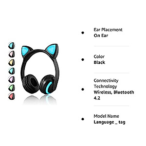 Luckyu Wireless Bluetooth Cat Ear Headphones with Mic 7 Colors LED Light Flashing Glowing On-Ear Stereo Headset Compatible with Smartphones PC Tablet