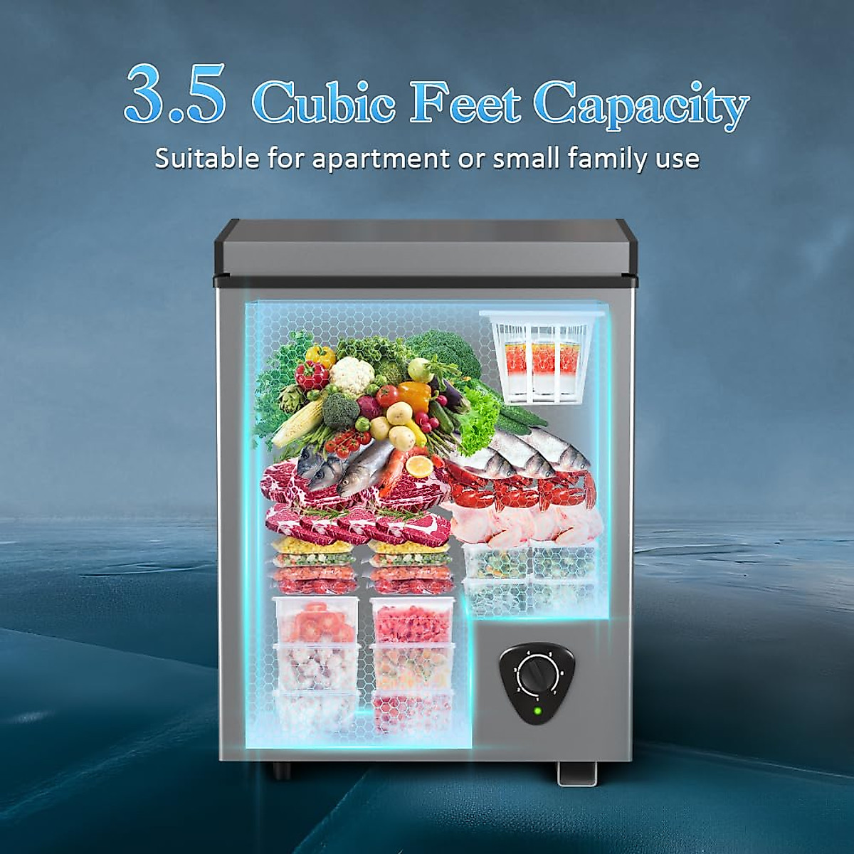 LifePlus Chest Freezer - Compact Deep Freezer Small Freezer 7 Adjustable Temperature with Removable Basket, 3.5 Cubic Feet Energy Saving Super Quiet for Garage, Office, Kitchen, or Apartment, Gray