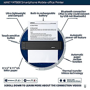 HPRT MT800 Thermal Transfer Portable Printer Support 8.5" X 11" US Letter & A4 Paper Bluetooth Wireless Travel Printer Compatible with Android and iOS,Suitable for On The Go