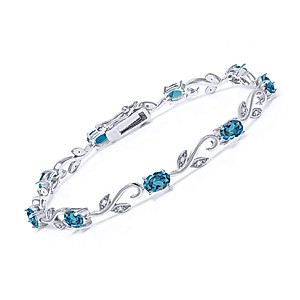 Gem Stone King 925 Sterling Silver London Blue Topaz and White Diamond Women Greek Vine Tennis Bracelet (5.53 Cttw, Oval 6X4MM, 7 Inch)