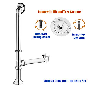 Artiwell Vintage Claw Foot Tub Drain Kit with Lift and Turn Bath Drain Stopper, 1-1/2" Brass Tubular Leg Tub Bathtub Waste and Overflow Drain Assembly with Drain Plug and Bathtub Overflow Cover
