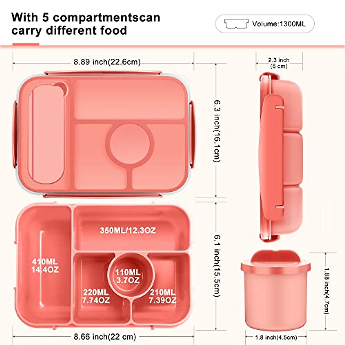 Dagugu Kids & Adult Bento Lunch Box, 5 Compartment Leakproof Lunch Containers, Microwave/Dishwasher/BPA Free (Pink)
