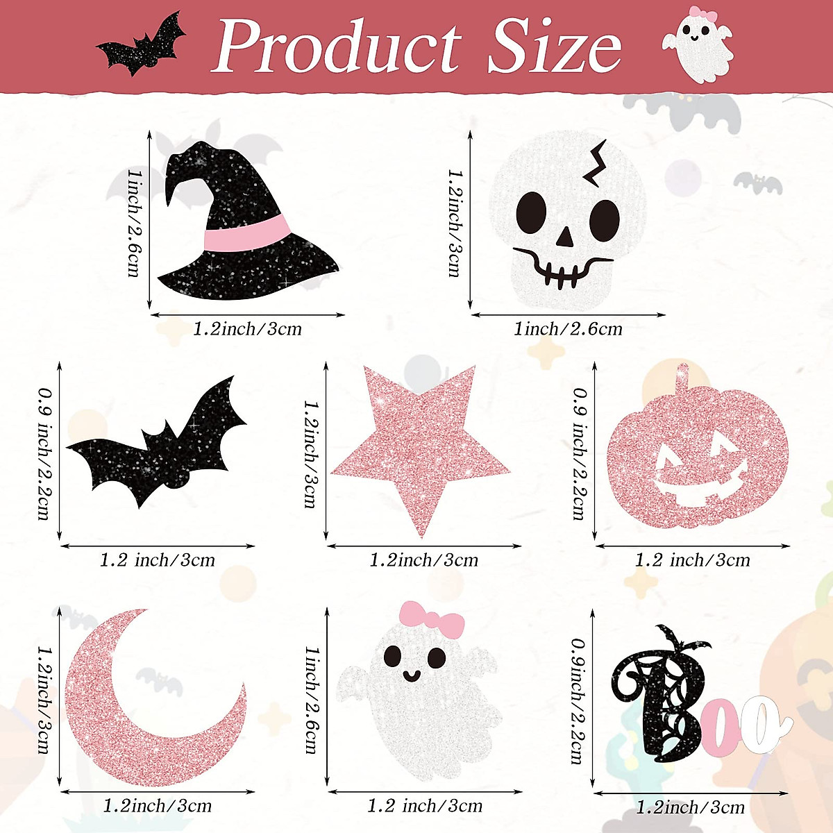 300 Pieces Halloween Confetti Halloween Party Table Scatter Confetti Glitter Halloween Confetti Boo Bat Ghost Pumpkin Witch Confetti for Baby Shower Birthday Table Decor Supplies (Pink)