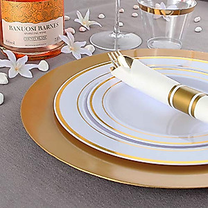 WELLIFE 350 Pieces Gold Plastic Plates with Disposable Silverware and Cups, Include: 50 Dinner Plates 10.25”, 50 Dessert Plates 7.5”, 50 Gold Rim Cups 9 OZ, 50 Gold Cutlery