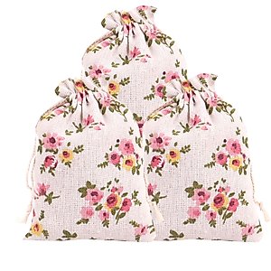 RIGHTA TECH Pink Vintage Flower Gift Treat Bags Drawstring Gift Bag Spring Floral Favor Goodies Bag for Spring Easter Party,Birthday Party,Mother's Day, Wedding,Bridal Shower Decorations