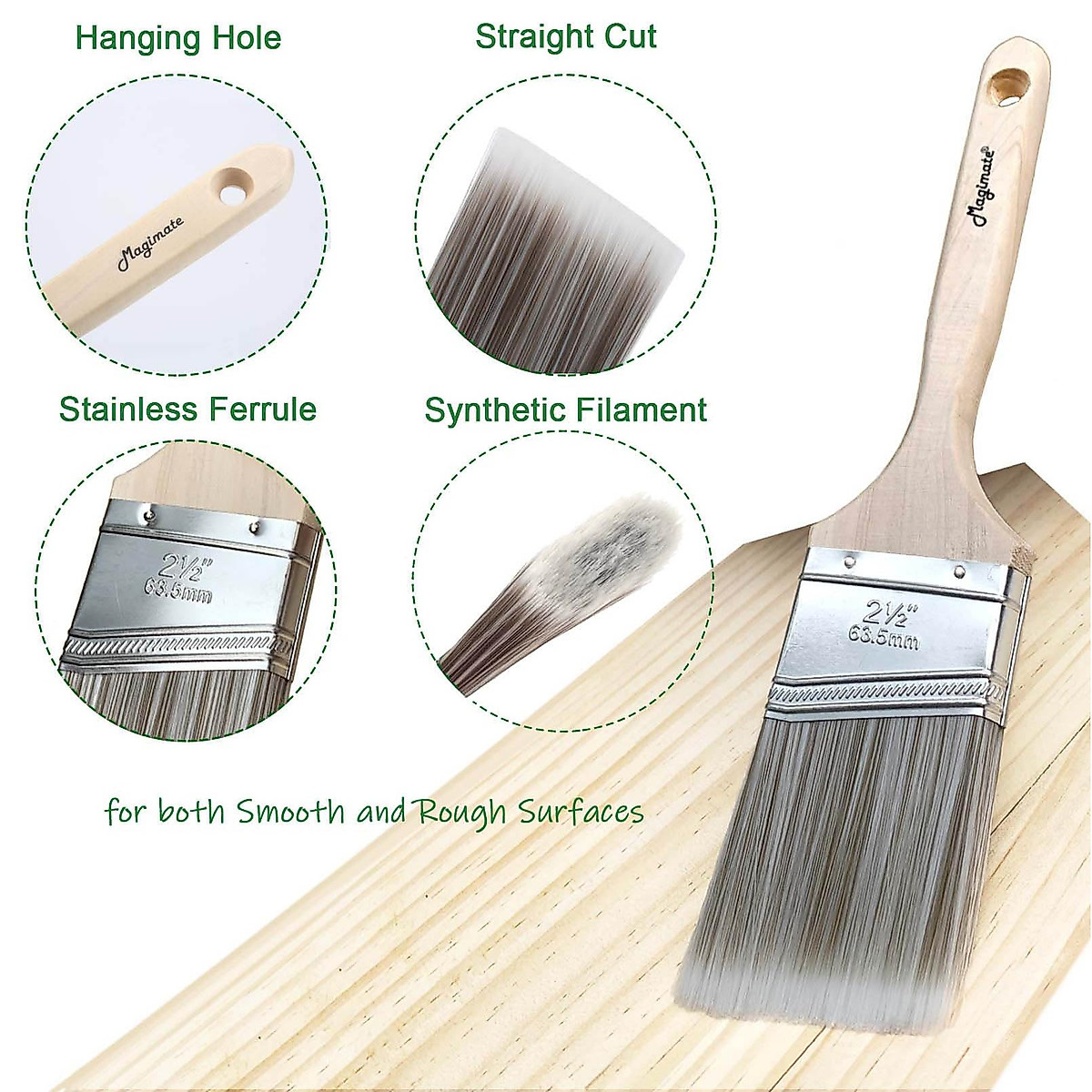Magimate Paint Brushes Set, Sash Brushes, Soft Tapered Filament, Wood Stain Brushes for Walls, Cabinets and Fences Pack of 5
