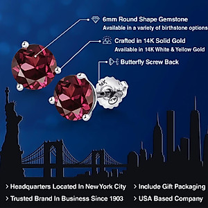 Gem Stone King 14K White Gold Martini Earrings | 3 Prong Screw Back Stud Earrings for Women | Round 6MM | Gemstone Birthstone | White Gold Earrings for Women