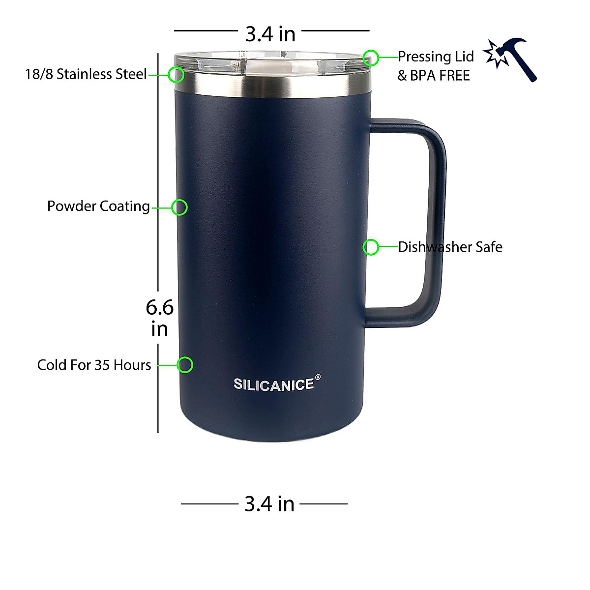 SILICANICE 24 oz stainless steel glass with handle double-wall insulation, easy to hold and clean, suitable for coffee, beverages, cola, protein powder, beer Navy