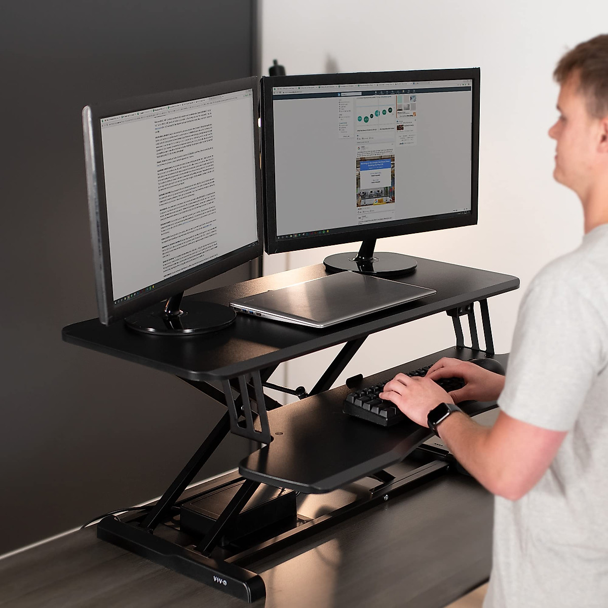 VIVO 36 inch Electric Motor Desk Converter, Height Adjustable Riser, Sit to Stand Dual Monitor and Laptop Workstation with Wide Keyboard Tray, Black, DESK-VE36K