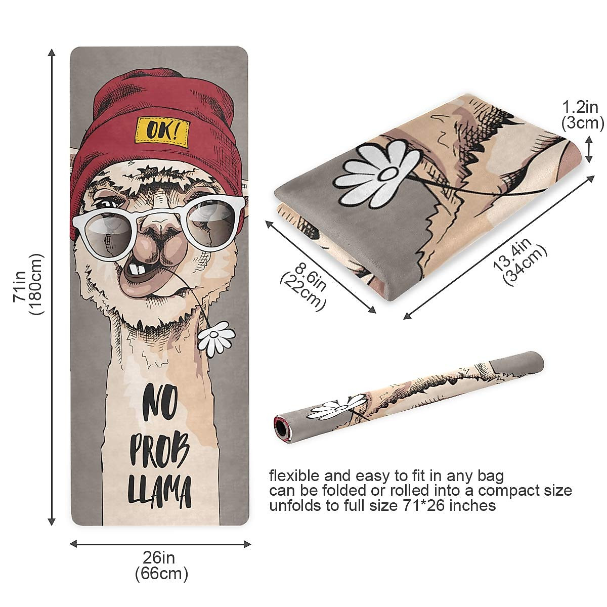 ALAZA Llama W/Sunglasses Chamomile Quote No Prob Nonslip Yoga Mat Towel with Grip Dots for Women Men