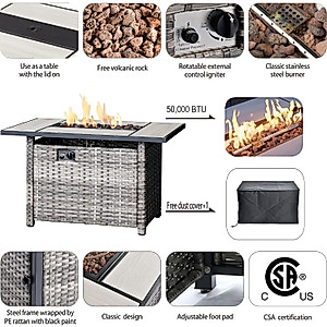 HOOOWOOO 11 Piece Patio Sectional Furniture Set with Fire Pit Table,Modern Wicker Outdoor Conversation Sofa Sets,Weather Resistant Modular L Shaped Outside Couch Swivel Chair Set(Denime Blue)