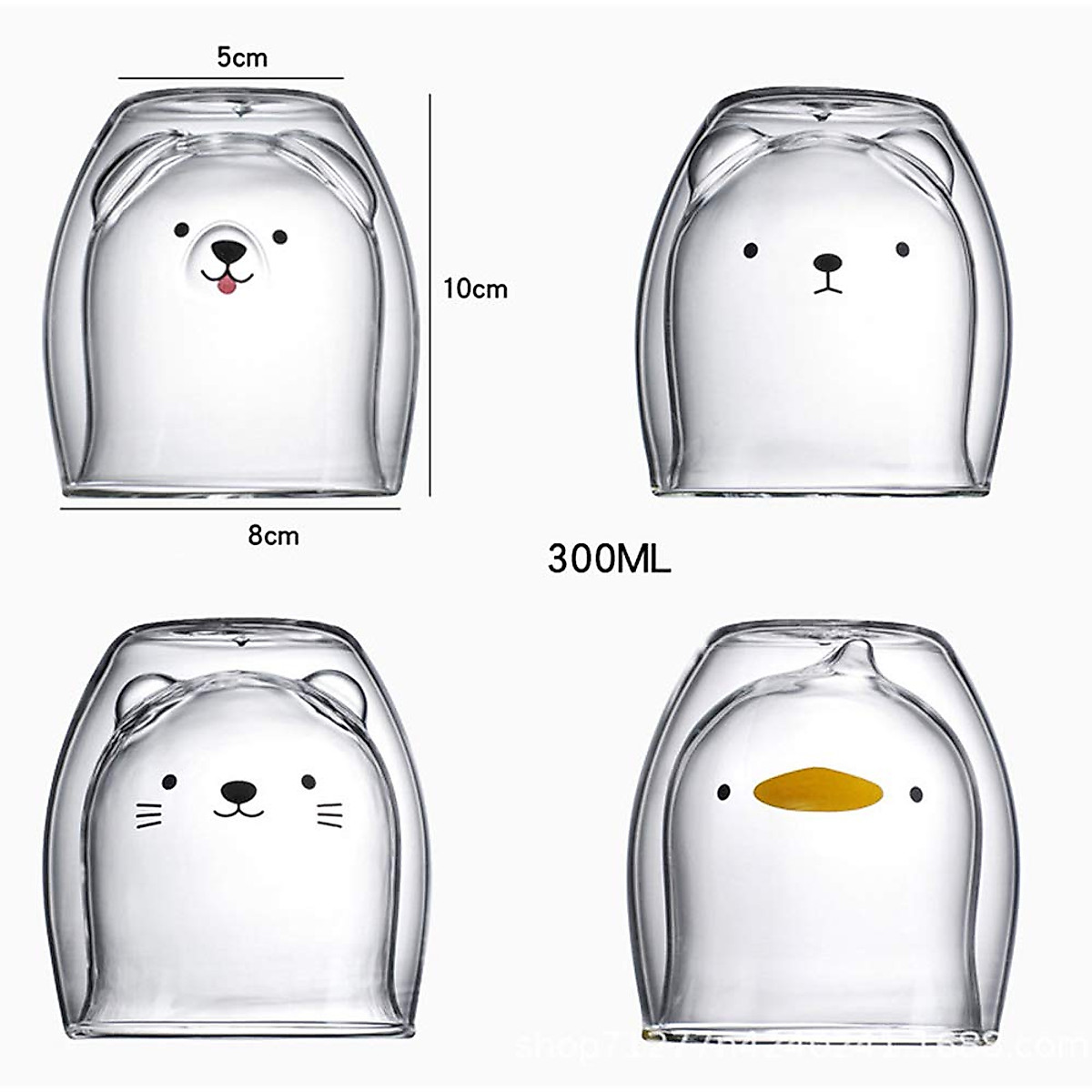 æ— 4 Pack Cute Animals Mugs, Double Wall Insulated Glass Espresso Cup, Tea Cup Milk Cup Coffee Couple Glass Mugs Funny Valentines Day Creative Romantic Birthday Gifts