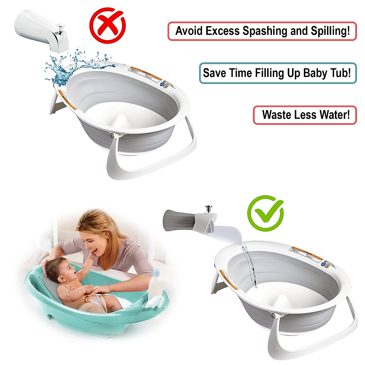 Bath Helper - Bath Tub Faucet Extender - Guides Water Directly from Faucet to Baby Bath Tub Without Excessive Water Waste and Splashing, 1 Pack (Clear White)