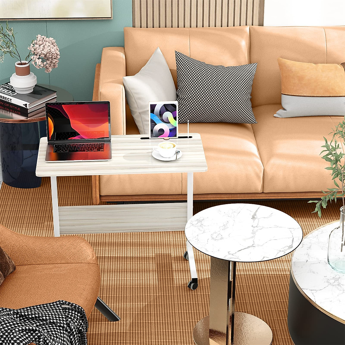 SogesPower 31.5 inches Mobile Laptop Desk with Slot Adjustable Side Table Computer Stand for Bed Sofa, White Maple