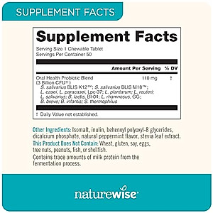 NatureWise Oral Probiotics for Teeth & Gums & Fresh Breath* - Chewable Sugar-Free Mint Tablet - Dental Support for Kids & Adults w/ BLIS K12 & M18 - Non-GMO - 50 Count[50-Day Supply]