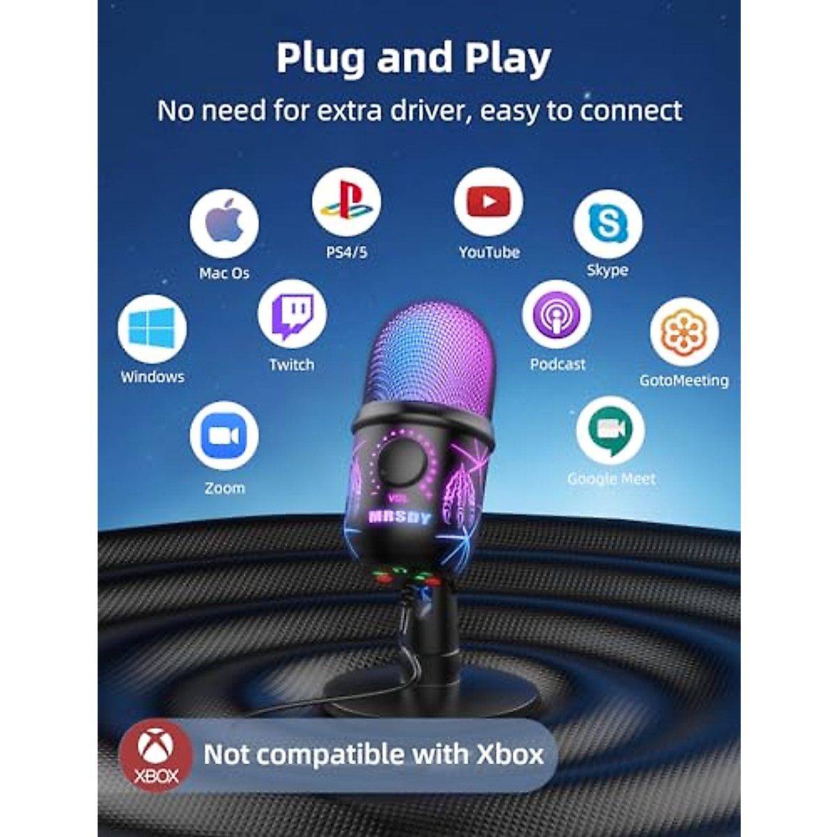 MRSDY USB Microphone, Plug and Play Gaming Mic for PC, Mac, PS4/5, Podcast Microphone with RGB, Mute, Monitor, Noise Reduction, Volume Gain, Great for Recording, Streaming