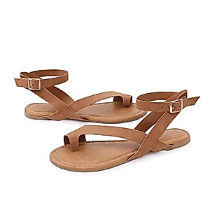 Vayfio Women's Ankle Strap Flat Sandals Casual Thong with Metal Buckle Cute Summer Shoes, Brown, US Women 11
