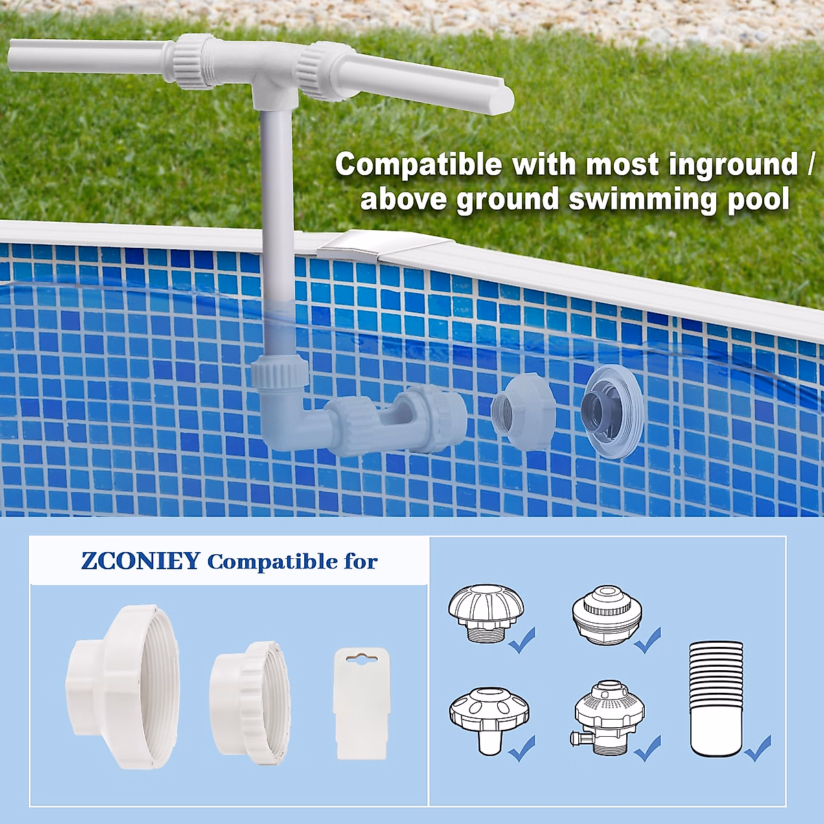 Swimming Pool Waterfall Fountain Spray - 2 Fountain Heads Water Sprinkler, Cool & Warm Pool Spa Water Temperatures, Water Fun Pool Aerator Backyard Decor for Above & In-ground Indoor Outdoor Pools