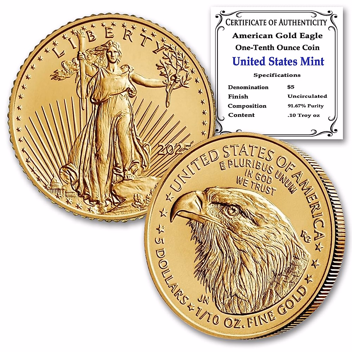 2025 1/10 oz American Gold Eagle Coin Brilliant Uncirculated with a Certificate of Authenticity $5 BU