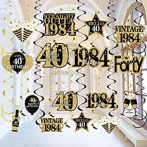 Turypaty 40th Birthday Decorations Hanging Swirls for Men Women, Black Gold Vintage 1984 40th Birthday Foil Swirls Party Supplies, Forty Year Old Birthday Ceiling Hanging Decorations