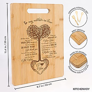 KITCHENVOY Mom Cutting Board - To My Mother in Law Tree Heart Laser Engraved Bamboo Board for Mom as Mom Gift for Mother's Day, Holiday - Birthday Presents for Mom - Gifts for Mom from Daughter, Son