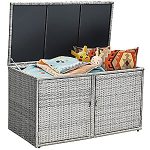 Giantex Rattan Deck Box Outdoor&Indoor 88 Gallon Wicker Storage Box W/Separate Storage Shelf, Openable Door, Toys and Tools Storage for Patio,Garden, Balcony, Porch, Yard Rattan Storage Box (Gray)