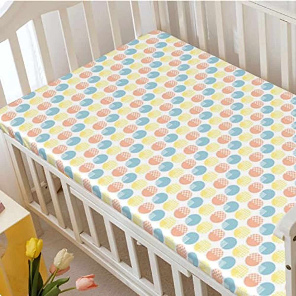 Pastel Themed Fitted Mini Crib Sheets,Portable Mini Crib Sheets Ultra Soft Material-Great for Boy or Girl Room or Nursery,24“ x38“,Salmon Pale Blue Yellow
