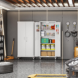 Aobabo 72" H Lockable Storage Cabinet on Wheels with 4 Shelves, Office Furniture Metal Storage Organizer with Wheels for Garage, Assembly Required, White