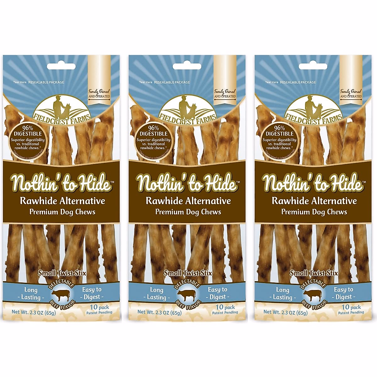 Fieldcrest Farms Nothing to Hide Natural Rawhide Alternative Twist Stix for Dogs - 3 Pack (30 Sticks) Premium Grade Easily Digestible Chews - Great for Dental Health (Beef, Stix)…