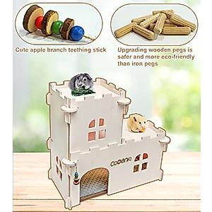 Cooenia Castle Chinchilla House, Hamster Wooden Large 2 Floor Guinea Pig Hideout Play House Hut with Windows, Door and Apple Sticks for Hedgehog Gerbil Hamster Small Animal Habitat
