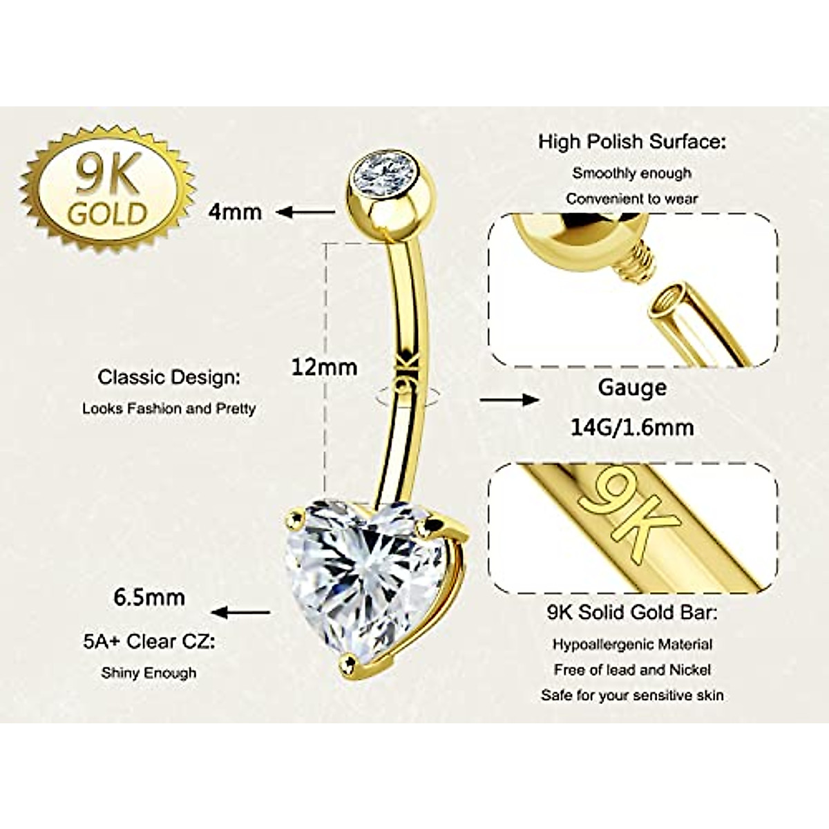 OUFER 14G Belly Rings, 9K Solid Gold Belly Button Rings, Heart Navel Rings, Internally Threaded Long Belly Piercing Jewelry for Women and Men-12MM