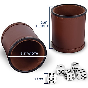 RNK Gaming 5 Pack of Professional Dice Cups PU Leather and Brown Velvet Lined, Includes 25 White Six-Sided Dice