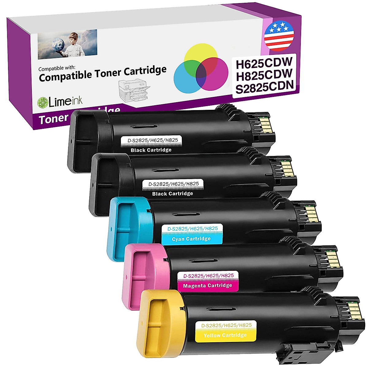 Limeink Compatible Toner Cartridge Replacement for Dell H625cdw Toner H825cdw for Dell Toner S2825cdn High Yield Laser Toner Cartridges For H625 H825 s2825 Ink 5 Pack 2 Black 1 Cyan 1 Yellow 1 Magenta