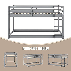 ZJIAH Solid Wood Twin Over Twin Floor Bunk Bed w Ladder, Safety Guard Rails, 400LBS Wooden Twin Bunk Beds for Teens/Adults, Low Bed Frame Bedroom Furniture, No Box Spring Required, Grey