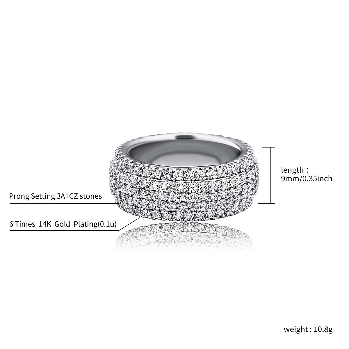 JINAO 9mm 5Rows 14K Gold Plated Iced Out Lab Simulated Diamond Cubic Zirconia Eternity Wedding Band Ring for Men Women (White Gold, 9)