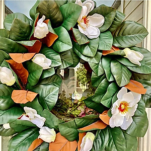 Haute Decor Southern Magnolia Leaves and Blooms on Natural Grapevine Wreath - Large 24 inch Magnolia Wreath for Front Door - Front Door Wreath for Spring, Summer, Fall