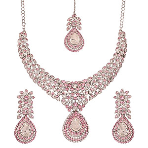 Touchstone Indian wedding jewelry sets for women necklace bollywood jewellery set pink and silver desi bridal designer necklaces earrings artificial joyeria rhinestone crystal fancy in white tone