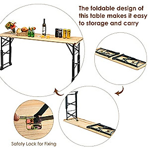 Giantex Folding Picnic Table, Wood Outdoor Table with Umbrella Hole, Adjustable Metal Legs, Patio Bistro Table for Garden Party Backyard, Rectangular Camping Table No Assembly