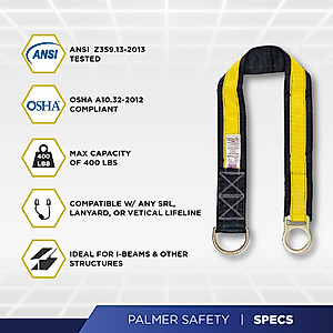 Palmer Safety Fall Protection Safety 4' Cross Arm Strap I 3” Wide Pass-through with Large D-Ring and Small D-Ring I ANSI OSHA Anchorage Sling Compliant Fall Arrest System