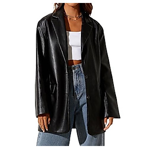 BHMAWSRT Womens Leather Blazer Coat, Long Sleeve Lapel Faux PU Leather Jacket Button Front Trench Coat (Black Blazer, Large)