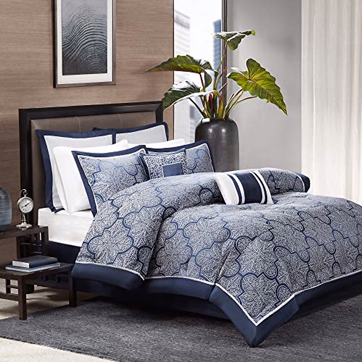 Madison Park Medina Comforter Set-Casual Jacquar Damask Design All Season Cozy Bedding, Matching Bedskirt, Shams, Decorative Pillows, Queen (90 in x 90 in), Damask Navy 8 Piece