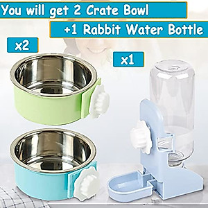 Hamiledyi Crate Bunny Food Bowl Removable Stainless Steel Pet Dog Cage Dual Bowls Plastic Hanging Water Fountain Automatic Bottle Food & Water Feeder Coop Cup for Rabbit Cat Puppy Guinea Pigs 3PCS