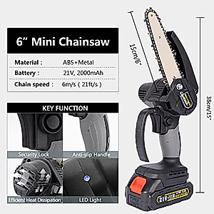 Mini Chainsaw 6 Inches Cordless Mini Chainsaw One Hand Held Electric Chainsaw Feature with Brushless Motor, 2 Packs of 21V Rechargeable Battery and Charger Included-Gray
