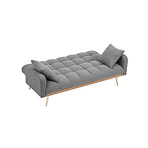 Verfur Teddy Fleece Upholstered Modern Convertible Futon Adjustable Folding Sofa Bed, Recliner Sleeper Loveseat Couch with Metal Golden Legs and Throw Pillows for Living Room, Office,Bedroom